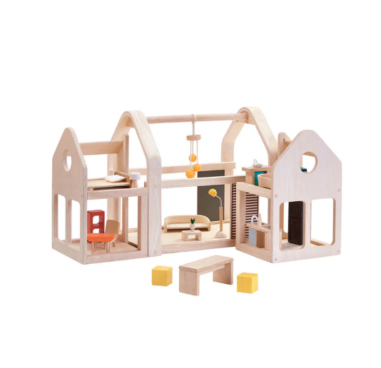 Wooden DOLLHOUSE, Compact SLIDE-&-GO with ALL FURNITURE, 20 pieces ...