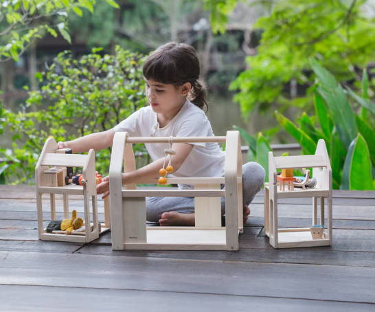 Wooden DOLLHOUSE, Compact SLIDE-&-GO with ALL FURNITURE, 20 pieces ...