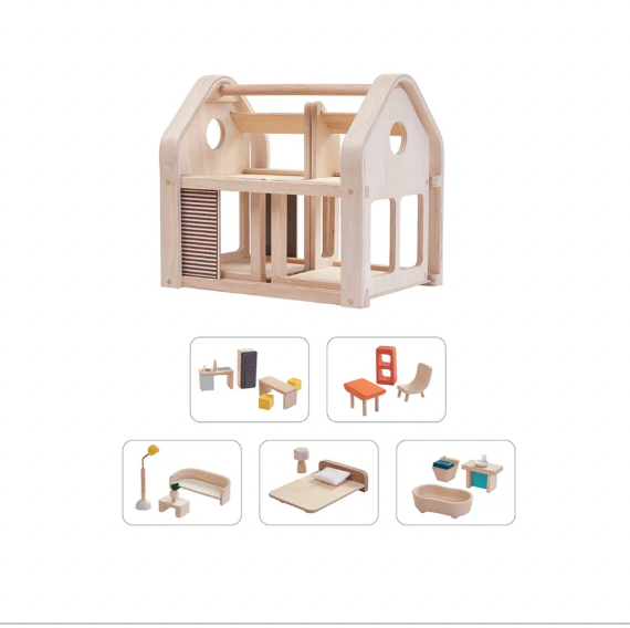 Wooden DOLLHOUSE, Compact SLIDE-&-GO with ALL FURNITURE, 20 pieces ...